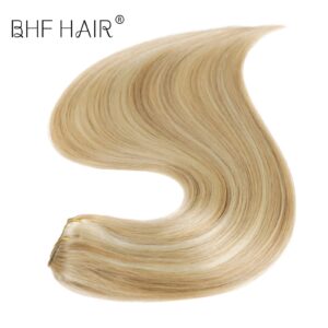 18" Clip in Clip in Remy Human Hair Extensions Light Color, Gold Highlights Blonde Human Hair Extensions, Double Weft Thickness to Ends, 100% Human Hair Extensions for Women, 6 Pieces 70g / 2.45oz.