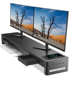 meatanty dual monitor stand riser with 2 drawers,4 usb ports and charging pad,metal monitor stand for 2 monitors supports transfer data and charging,desk organizer for pc,imac(38.7 inches)