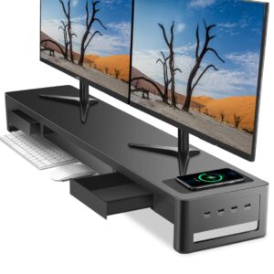 meatanty Dual Monitor Stand Riser with 2 Drawers,4 USB Ports and Charging Pad,Metal Monitor Stand for 2 Monitors Supports Transfer Data and Charging,Desk Organizer for PC,iMac(38.7 inches)