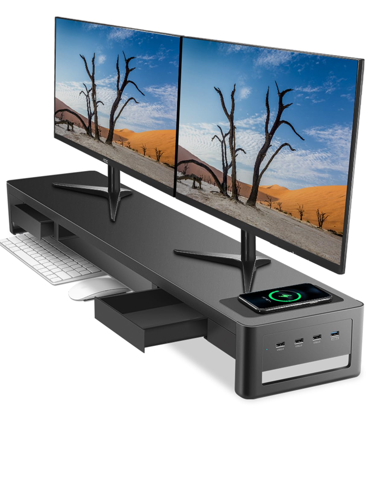 meatanty Dual Monitor Stand Riser with 2 Drawers,4 USB Ports and Charging Pad,Metal Monitor Stand for 2 Monitors Supports Transfer Data and Charging,Desk Organizer for PC,iMac(38.7 inches)