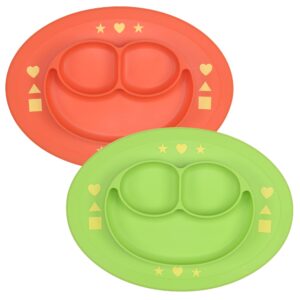 serly baby plates 2 pack (red/green) - 100% silicone suction plates for babies - baby plates - suction plates for toddlers - toddler plates - baby plates microwave dishwasher safe - learning shapes