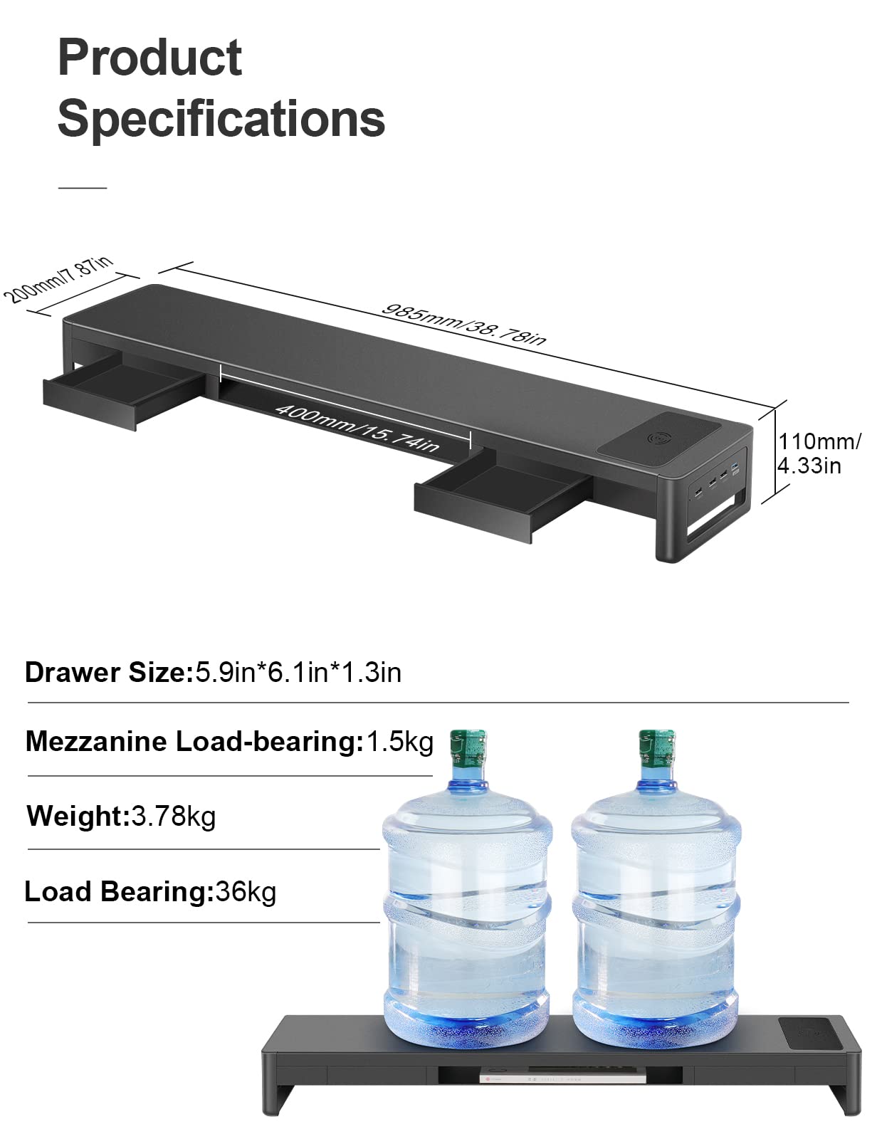 meatanty Dual Monitor Stand Riser with 2 Drawers,4 USB Ports and Charging Pad,Metal Monitor Stand for 2 Monitors Supports Transfer Data and Charging,Desk Organizer for PC,iMac(38.7 inches)