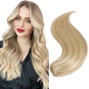 18" clip in clip in remy human hair extensions light color, gold highlights blonde human hair extensions, double weft thickness to ends, 100% human hair extensions for women, 6 pieces 70g / 2.45oz.