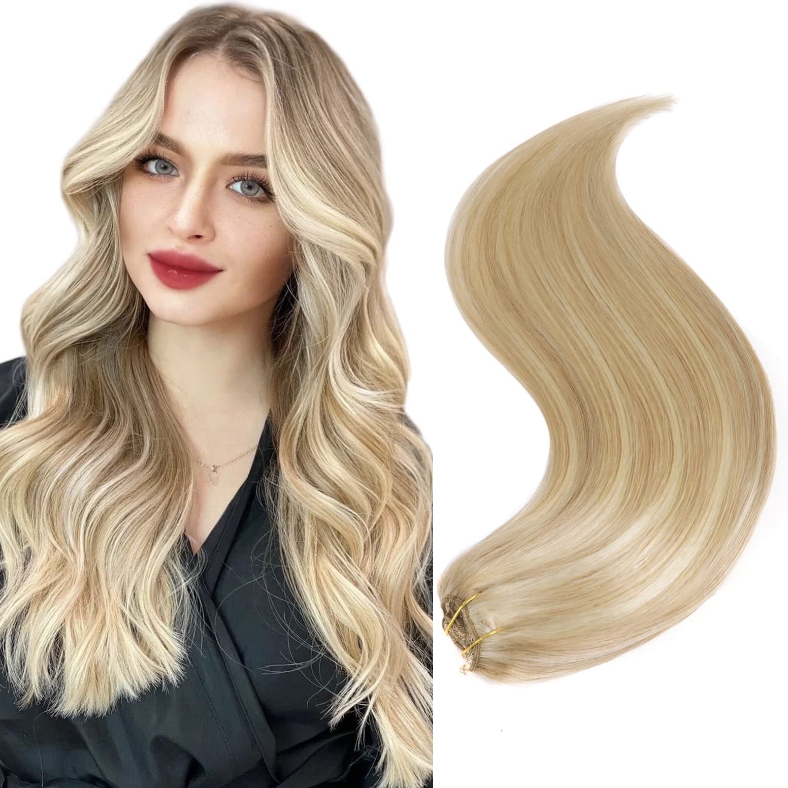 18" Clip in Clip in Remy Human Hair Extensions Light Color, Gold Highlights Blonde Human Hair Extensions, Double Weft Thickness to Ends, 100% Human Hair Extensions for Women, 6 Pieces 70g / 2.45oz.