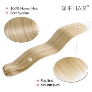 18" Clip in Clip in Remy Human Hair Extensions Light Color, Gold Highlights Blonde Human Hair Extensions, Double Weft Thickness to Ends, 100% Human Hair Extensions for Women, 6 Pieces 70g / 2.45oz.