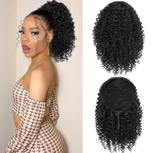 rosmile short kinky curly ponytail extension for black women, 10 inch natural drawstring with two clips, synthetic afro women