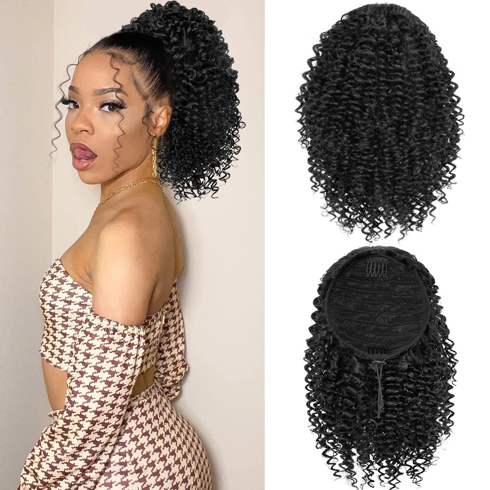 rosmile Short Kinky Curly Ponytail Extension for Black Women, 10 Inch Natural Drawstring with Two Clips, Synthetic Afro Women