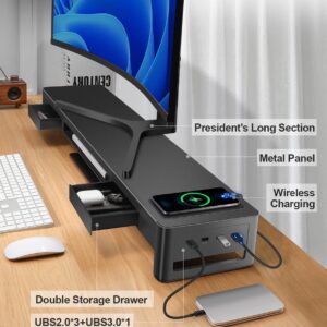 meatanty Dual Monitor Stand Riser with 2 Drawers,4 USB Ports and Charging Pad,Metal Monitor Stand for 2 Monitors Supports Transfer Data and Charging,Desk Organizer for PC,iMac(38.7 inches)