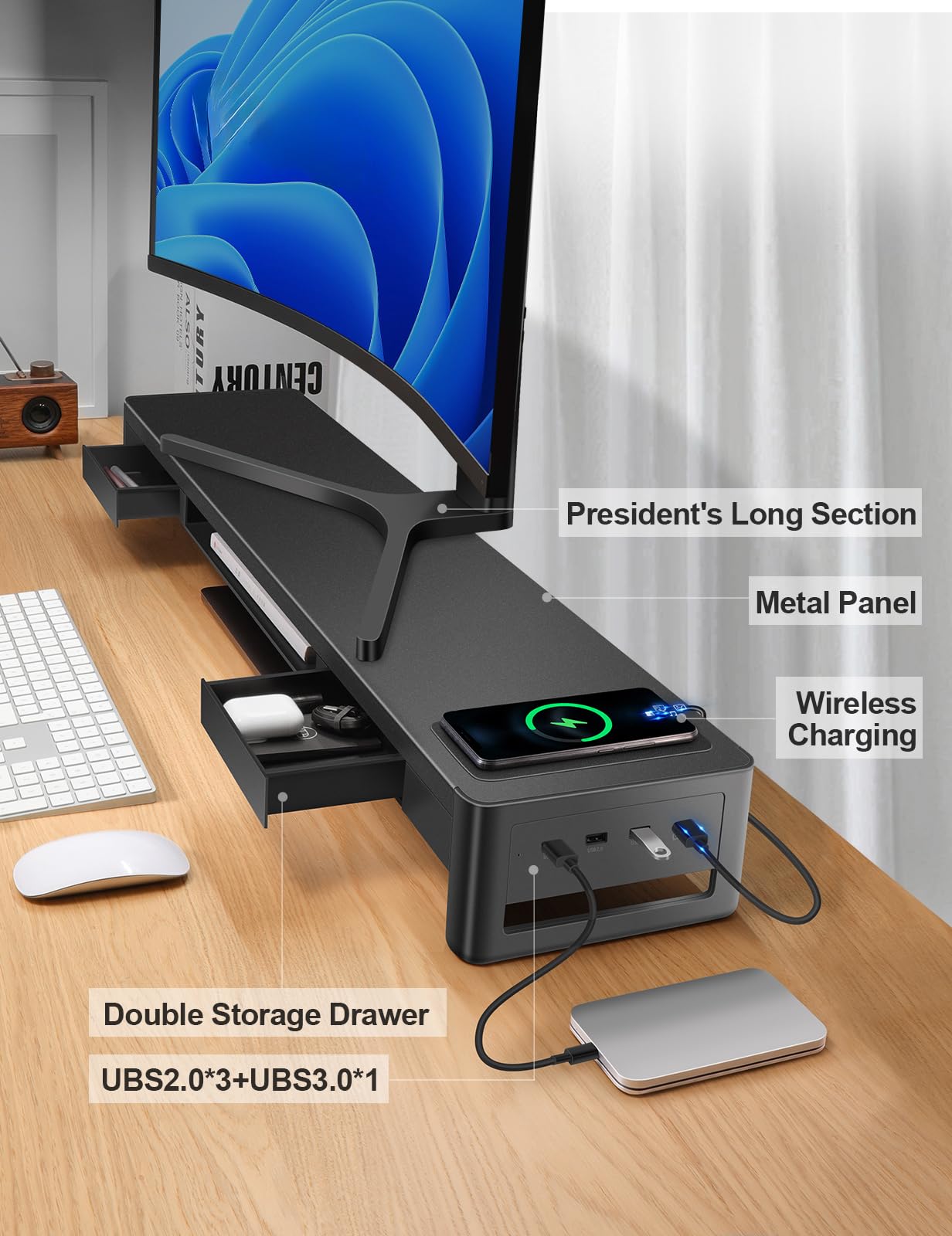 meatanty Dual Monitor Stand Riser with 2 Drawers,4 USB Ports and Charging Pad,Metal Monitor Stand for 2 Monitors Supports Transfer Data and Charging,Desk Organizer for PC,iMac(38.7 inches)