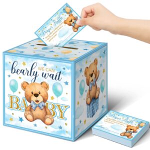 spakon 51 pieces bear diaper raffle tickets with diaper raffle card box for baby shower decorations diaper raffle sign blue bear themed insert card advice and wishes diaper raffle insert ticket