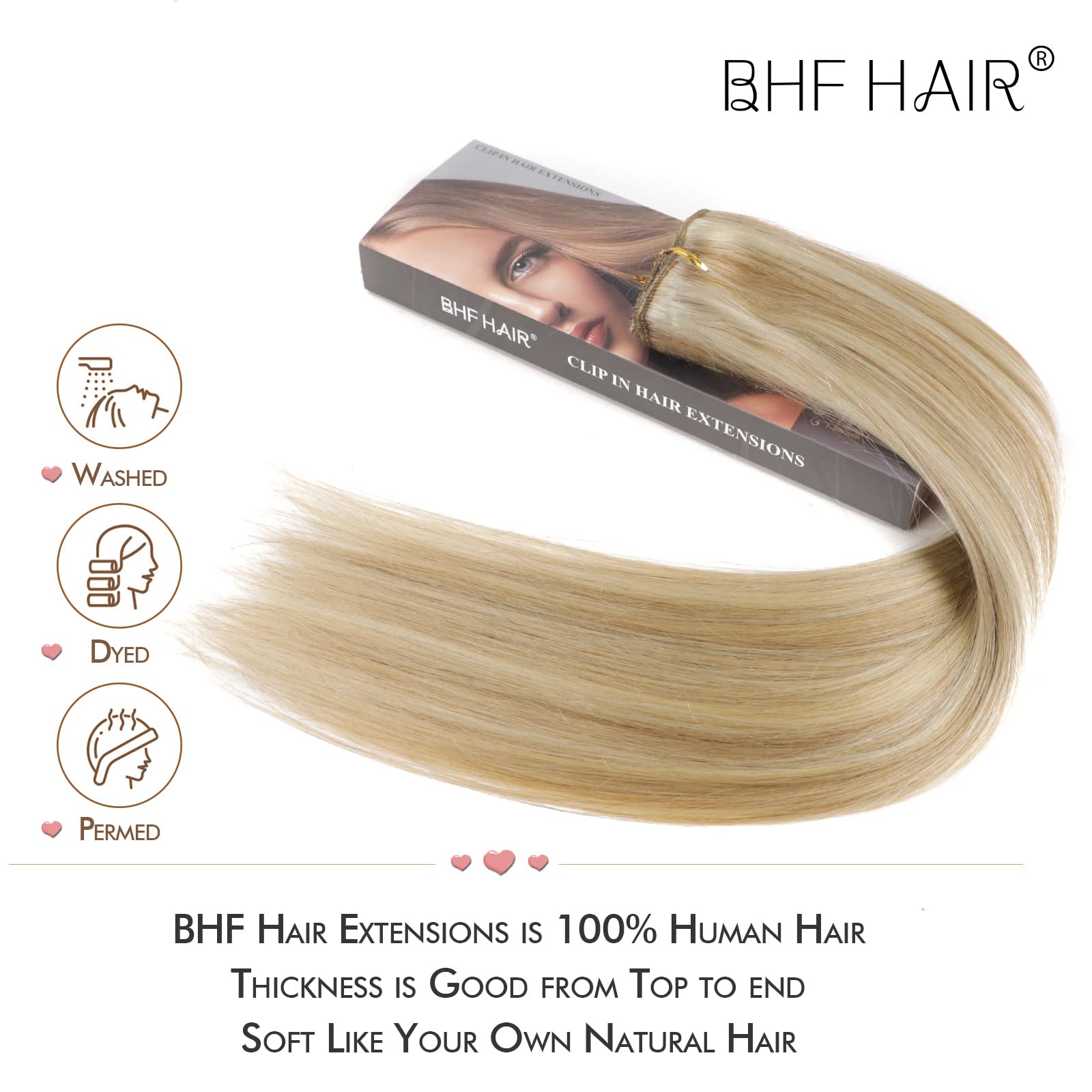 18" Clip in Clip in Remy Human Hair Extensions Light Color, Gold Highlights Blonde Human Hair Extensions, Double Weft Thickness to Ends, 100% Human Hair Extensions for Women, 6 Pieces 70g / 2.45oz.