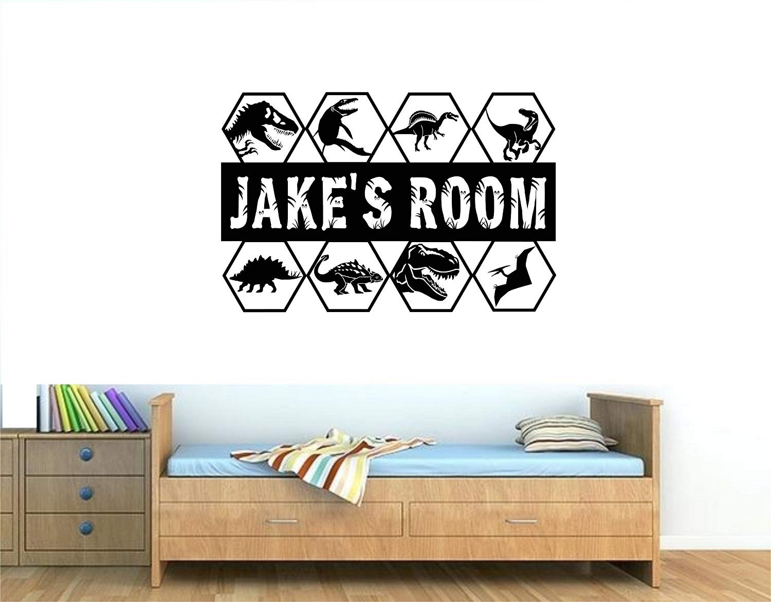 Custom Name Jurassic Era Logo Wall Decal Personalized Decal Dinosaurs Tyrannosaur Vinyl Sticker Dinosaur T-Rex Wall Kids Room Bedroom Decor Removable Wall Mural (22'T x 33"W)