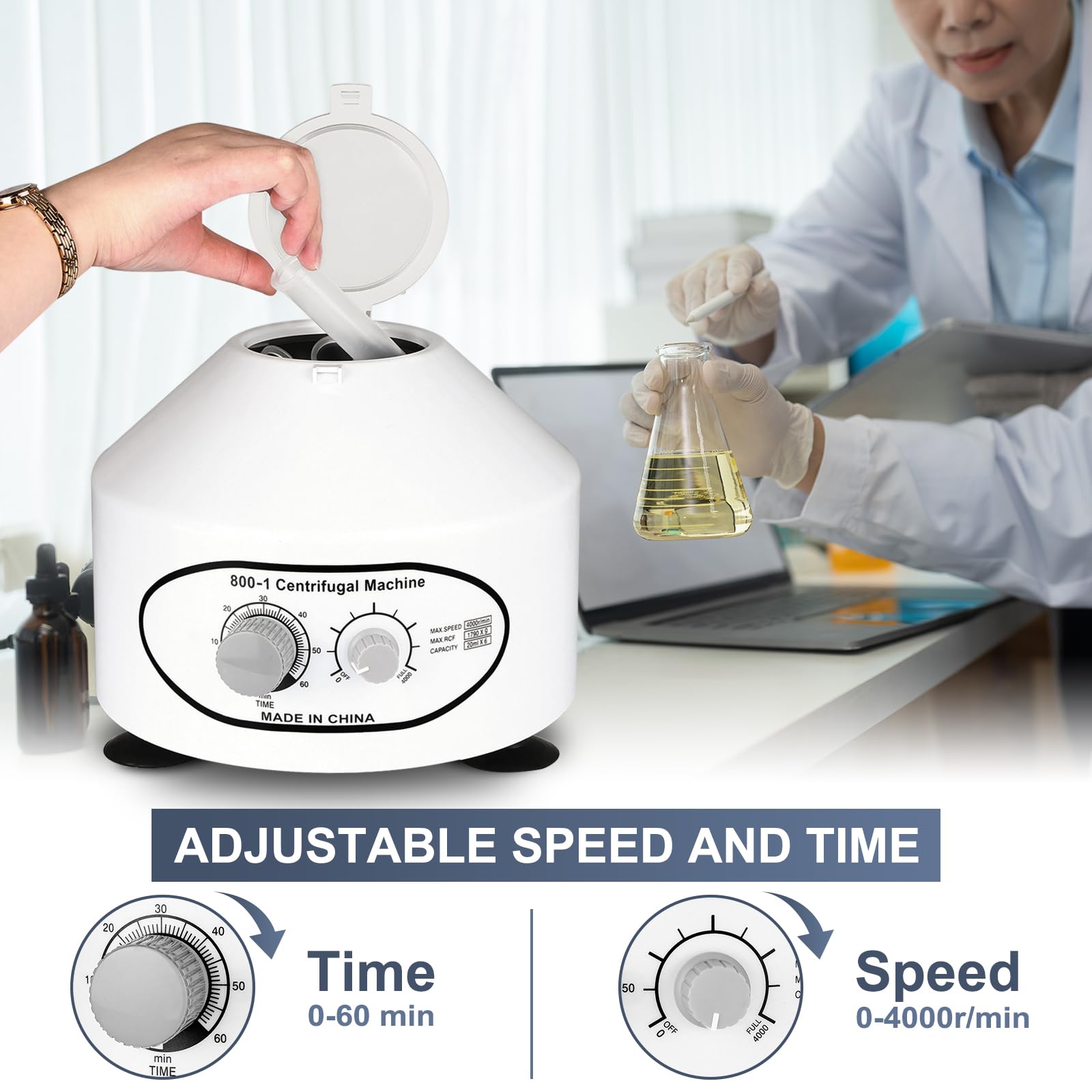 NORJIN Electric Lab Laboratory Centrifuge Machine with Speed Control and Timer, Lab Benchtop Centrifuges AC 110V Capacity 6 x 20ml Max 4000 RPM