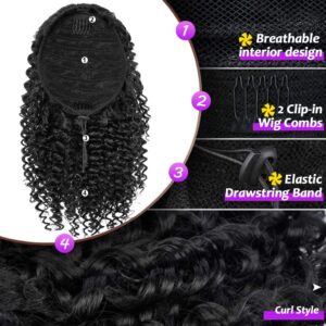 rosmile Short Kinky Curly Ponytail Extension for Black Women, 10 Inch Natural Drawstring with Two Clips, Synthetic Afro Women