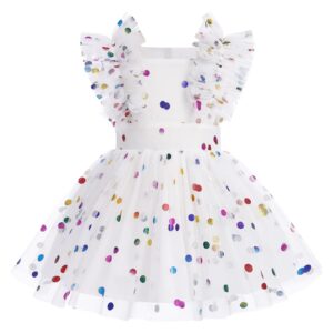 flower girls sequin colorful polka dot tutu dress for infant baby baptism christening gown toddler little princess pageant wedding birthday party tulle romper dresses white + rainbow dots 12-18 months