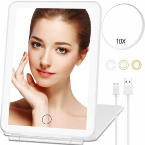 makeup mirror with 10x magnifying mirror, vanity mirror with 80 led lights, rechargeable 2500mah batteries, travel led mirror with 3 color lights, compact light up mirror, travel essentials for women