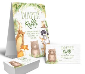 your main event prints woodland baby shower diaper raffle set - self-standing sign with matching raffle cards - adorable forest animal theme - ideal for nature-themed baby showers