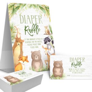 Your Main Event Prints Woodland Baby Shower Diaper Raffle Set - Self-Standing Sign with Matching Raffle Cards - Adorable Forest Animal Theme - Ideal for Nature-Themed Baby Showers