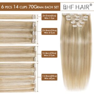 18" Clip in Clip in Remy Human Hair Extensions Light Color, Gold Highlights Blonde Human Hair Extensions, Double Weft Thickness to Ends, 100% Human Hair Extensions for Women, 6 Pieces 70g / 2.45oz.