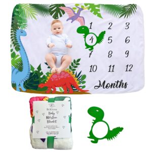 baby monthly milestone blanket for boys and girls 60 x 40 inch thick fleece baby month blanket with 2 felt frames newborn photography prop photo blanket moon and star (dinosaur)