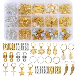 nafaboig 200pcs hair beads for women braids, loc jewelry for hair, dreadlocks accessories, metal gold silver clips cuffs coils shells rings for hair braiding beard decoration for girls women