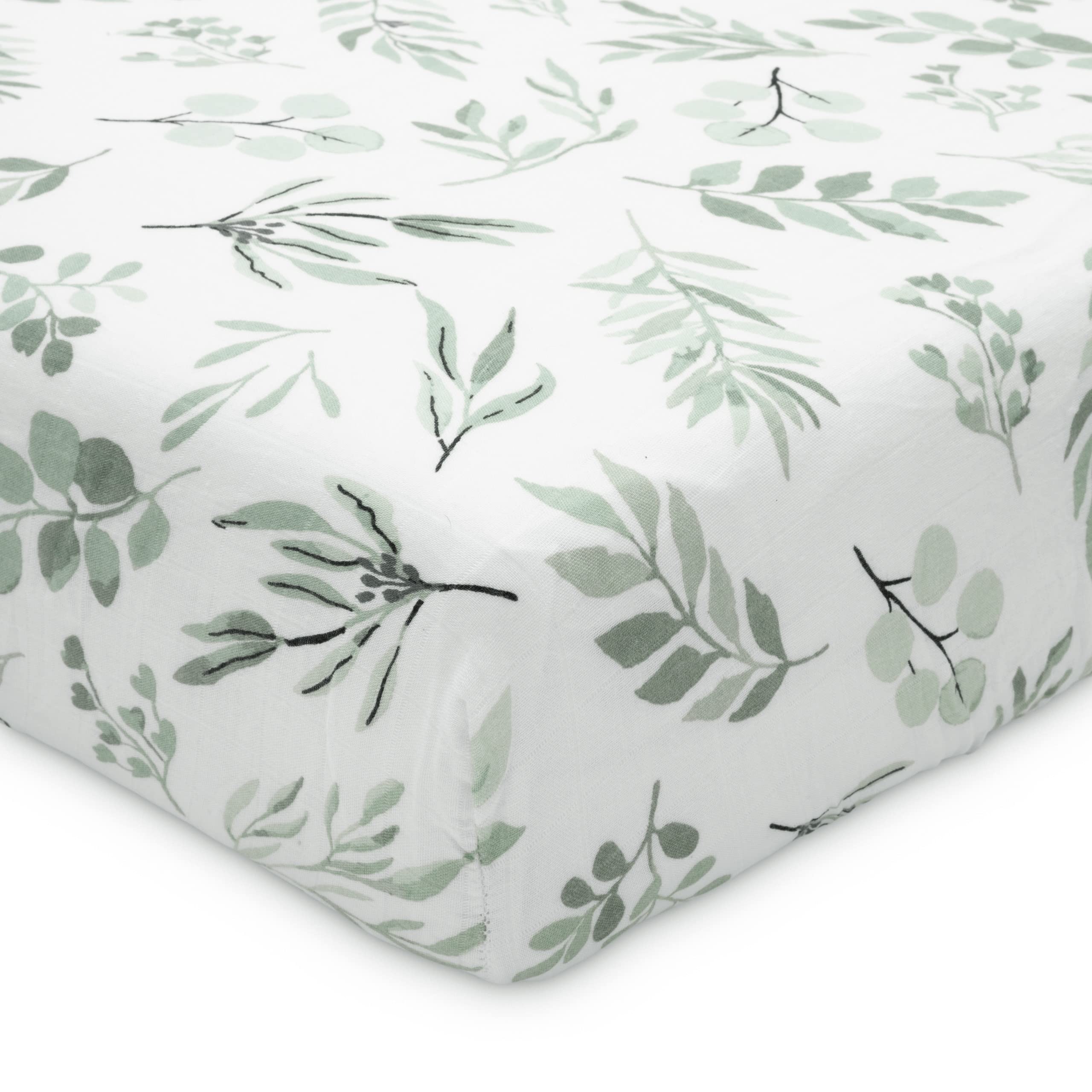 Organic Muslin Fitted Crib Sheet - Organic Crib Sheet for Standard Crib and Toddler Mattresses, Soft and Breathable, Eucalyptus Leaves, 28”x52”