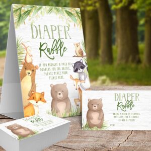 Your Main Event Prints Woodland Baby Shower Diaper Raffle Set - Self-Standing Sign with Matching Raffle Cards - Adorable Forest Animal Theme - Ideal for Nature-Themed Baby Showers