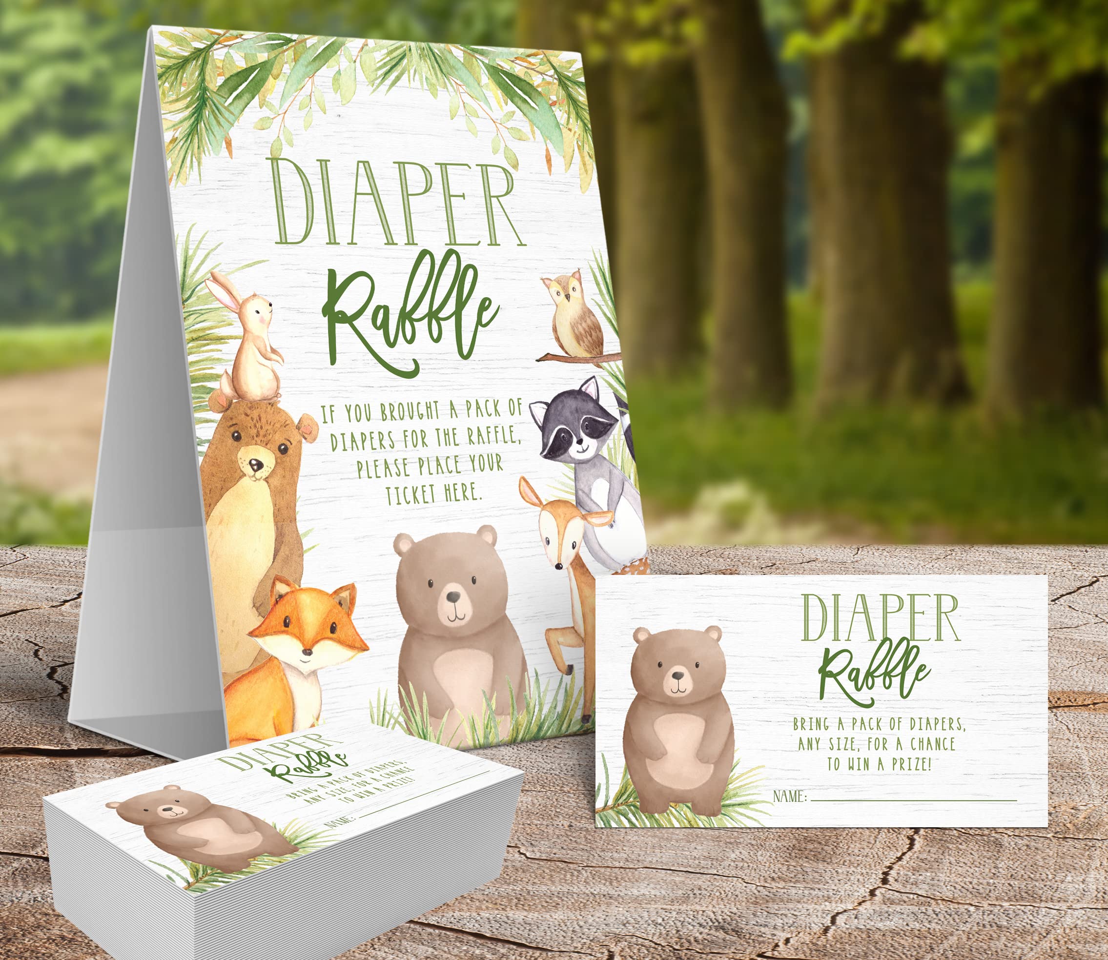 Your Main Event Prints Woodland Baby Shower Diaper Raffle Set - Self-Standing Sign with Matching Raffle Cards - Adorable Forest Animal Theme - Ideal for Nature-Themed Baby Showers