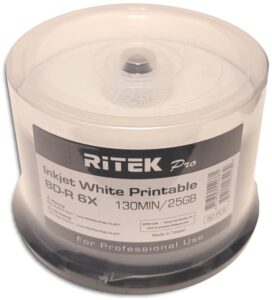 ritek pro 25gb 6x white inkjet hub printable blu-ray bd-r's 50-pak in cakebox