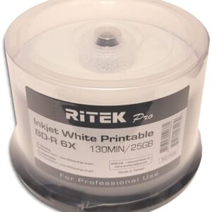 Ritek Pro 25GB 6X White Inkjet HUB Printable BLU-RAY BD-R's 50-Pak in Cakebox