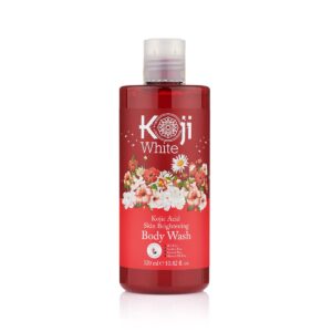 koji white kojic acid skin brightening body wash - daily moisturizing skin cleanser, uneven skin tone with flower acid extracts, hyaluronic acid, vitamin e & b5, vegan body wash, 10.82 fl oz