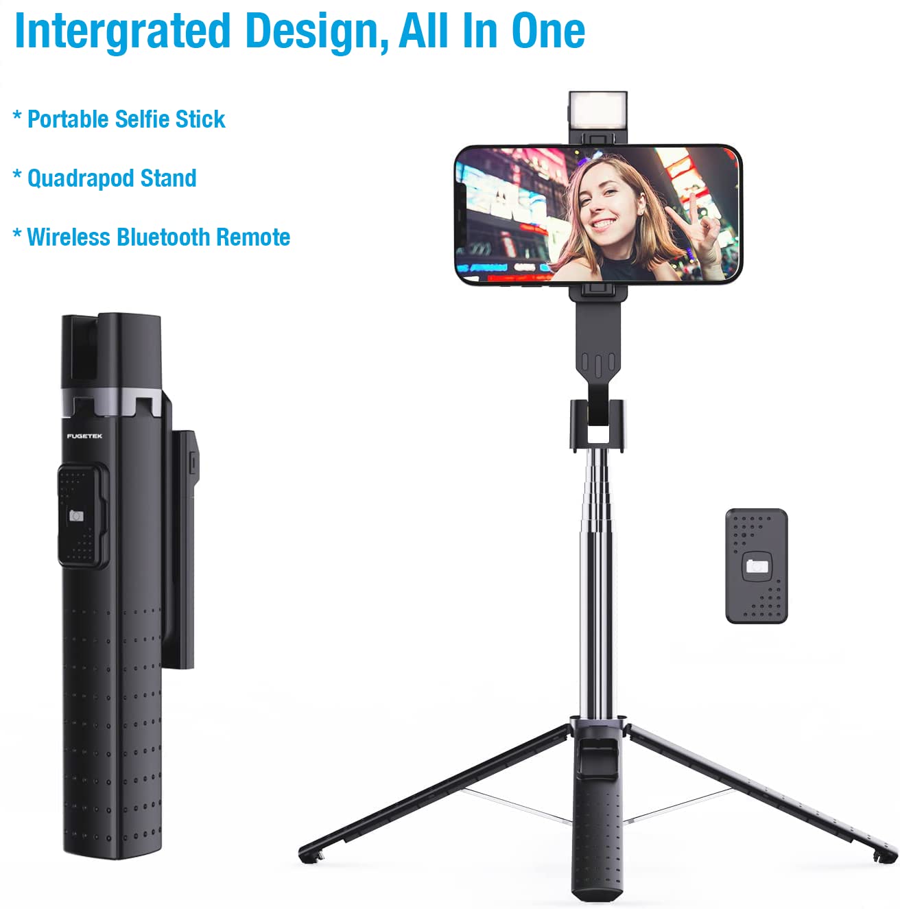 Fugetek 40'' Quadrapod Lighted Selfie Stick Stand, Lightweight 7oz, Wireless Bluetooth Remote, Patented Ultra Stable 4 Legs, 3 Onboard Light Modes, Compatible with iPhone & Android (Black)