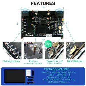 Santek High Brightness Raspberry Pi 5 Touchscreen, Portable Mini Monitor with HDMI, USB-C Powered Touch Panel IPS Screen, Build-in Dual Speakers, Compatible with RPI 5 4 3 Zero Win (7 inch)