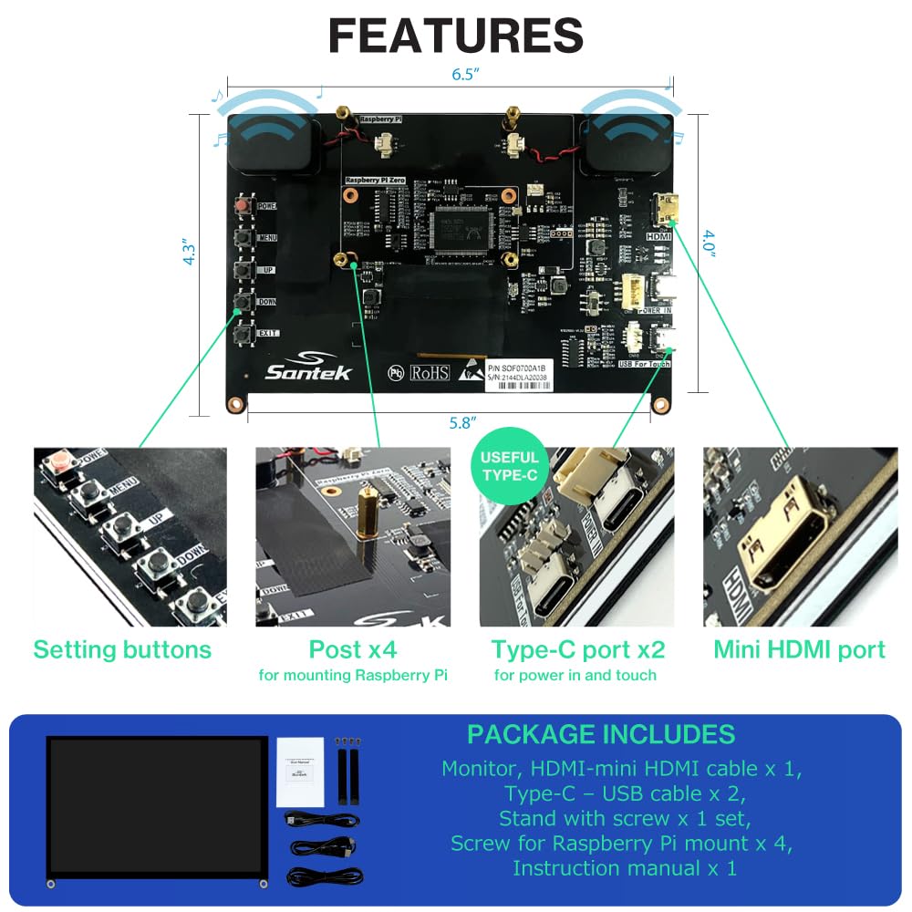 Santek High Brightness Raspberry Pi 5 Touchscreen, Portable Mini Monitor with HDMI, USB-C Powered Touch Panel IPS Screen, Build-in Dual Speakers, Compatible with RPI 5 4 3 Zero Win (7 inch)