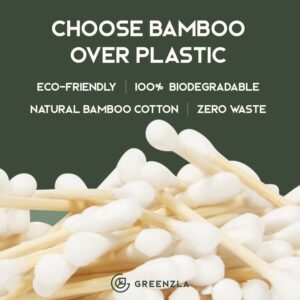 Greenzla Organic Cotton Swabs 600 Pack - Biodegradable Vegan Bamboo Cotton Buds with Plant-Based Packaging, Wooden Ear Swabs with Soft & Gentle Cotton Tips, Comes with Eco-Friendly Cotton Swab Holder