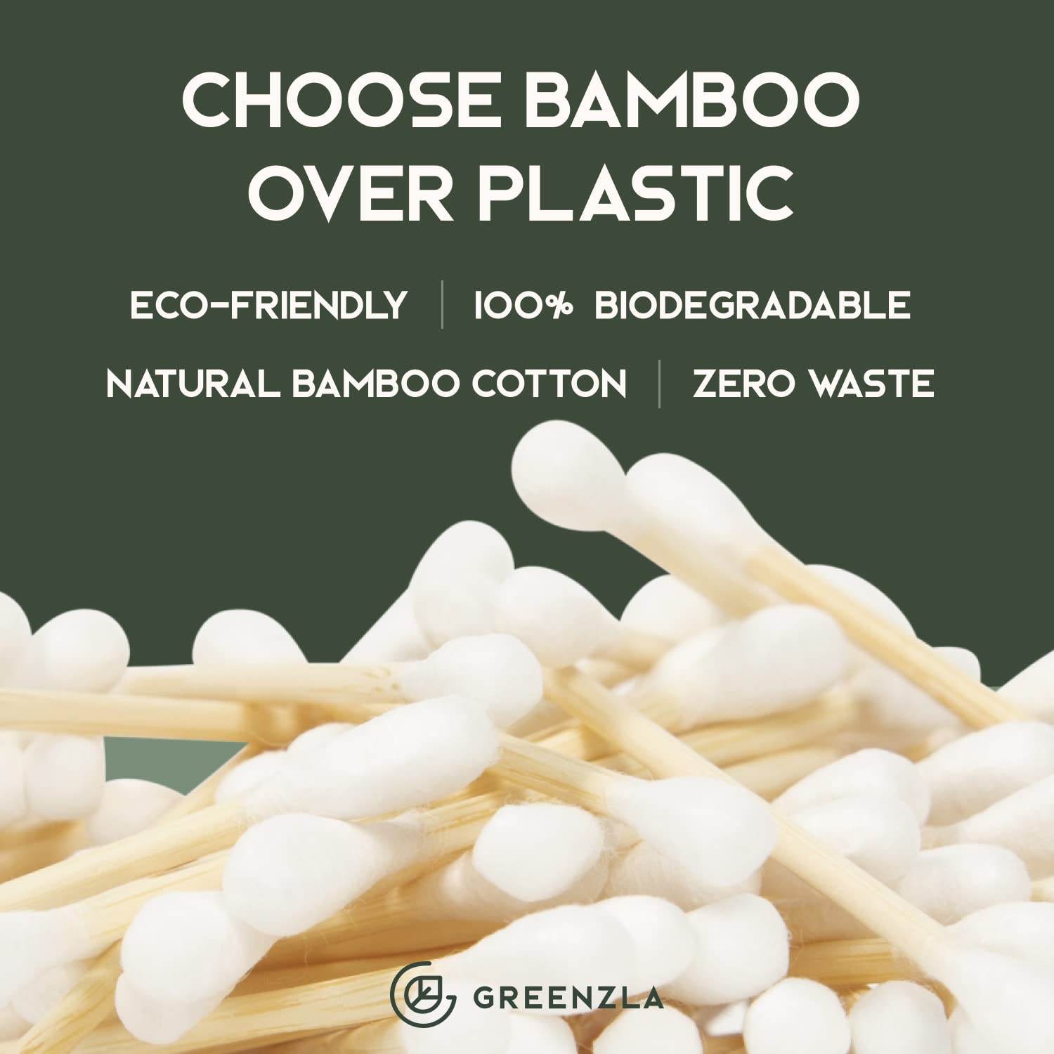 Greenzla Organic Cotton Swabs 600 Pack - Biodegradable Vegan Bamboo Cotton Buds with Plant-Based Packaging, Wooden Ear Swabs with Soft & Gentle Cotton Tips, Comes with Eco-Friendly Cotton Swab Holder