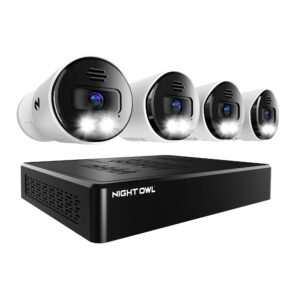 night owl 8 channel bluetooth video home security camera system with (4) wired ip 4k hd indoor/outdoor spotlight cameras with audio and 2tb hard drive (expandable up to 12 cameras)