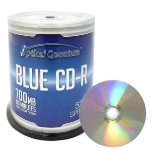 optical quantum blue azo cd-r 700mb 52x shiny silver blank recordable media disc - 100pk cake box, 100 discs for music, data, and video recording, writable blank cds