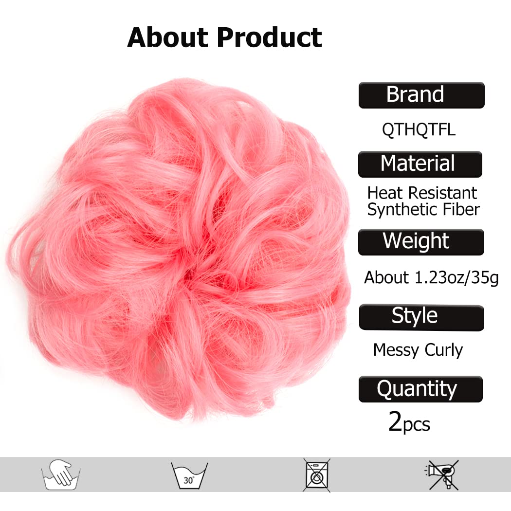 QTHQTFL 2pcs Messy Bun Hair Piece Scrunchie Hair Bun Hair Pieces for Women Girls Elastic Rubber Band Curly Wavy Synthetic Hair Bun Scrunchies Ponytail Extensions (Pink)