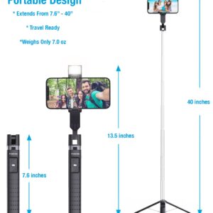 Fugetek 40'' Quadrapod Lighted Selfie Stick Stand, Lightweight 7oz, Wireless Bluetooth Remote, Patented Ultra Stable 4 Legs, 3 Onboard Light Modes, Compatible with iPhone & Android (Black)