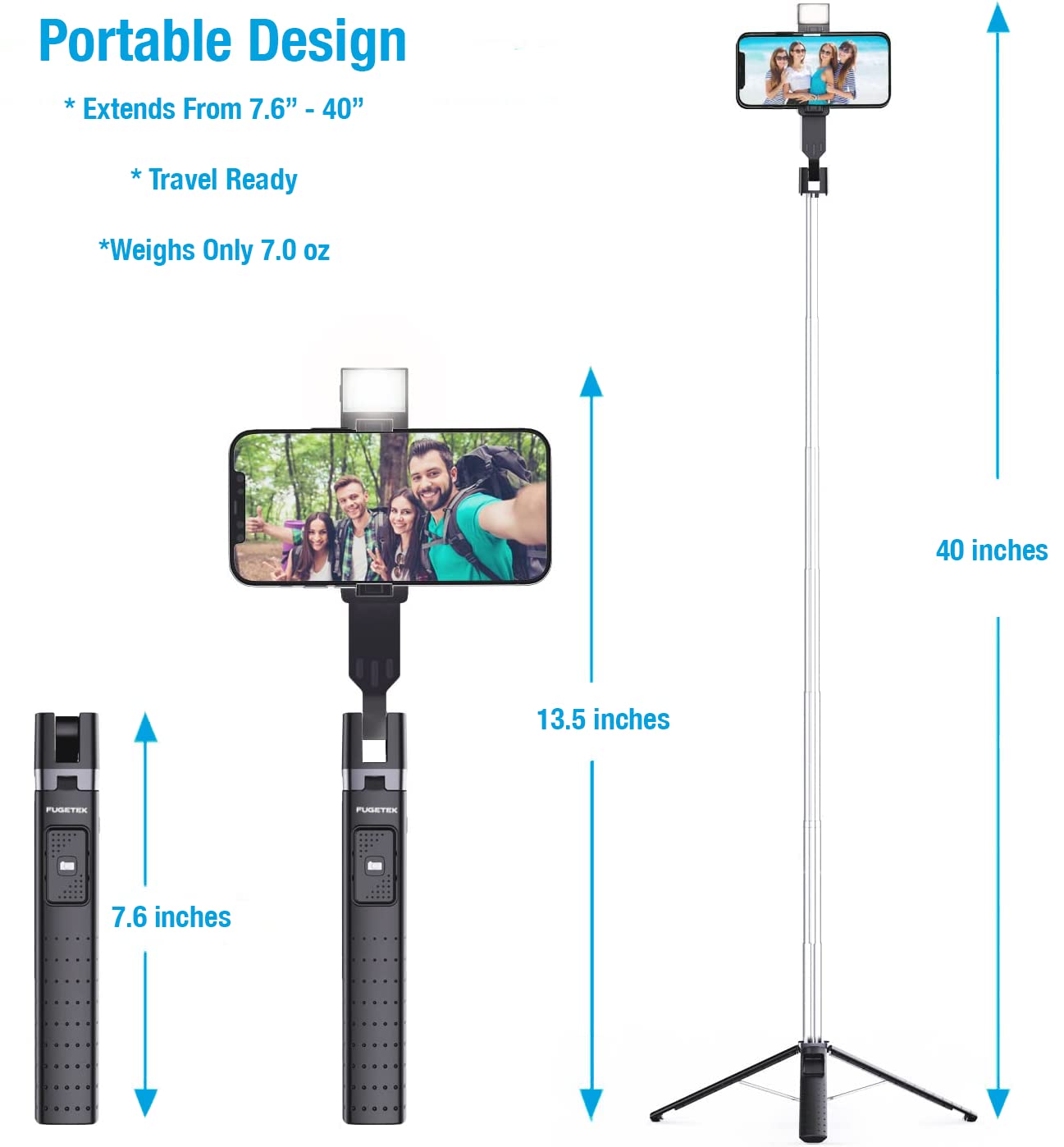 Fugetek 40'' Quadrapod Lighted Selfie Stick Stand, Lightweight 7oz, Wireless Bluetooth Remote, Patented Ultra Stable 4 Legs, 3 Onboard Light Modes, Compatible with iPhone & Android (Black)