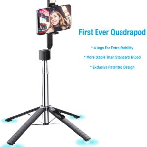 Fugetek 40'' Quadrapod Lighted Selfie Stick Stand, Lightweight 7oz, Wireless Bluetooth Remote, Patented Ultra Stable 4 Legs, 3 Onboard Light Modes, Compatible with iPhone & Android (Black)