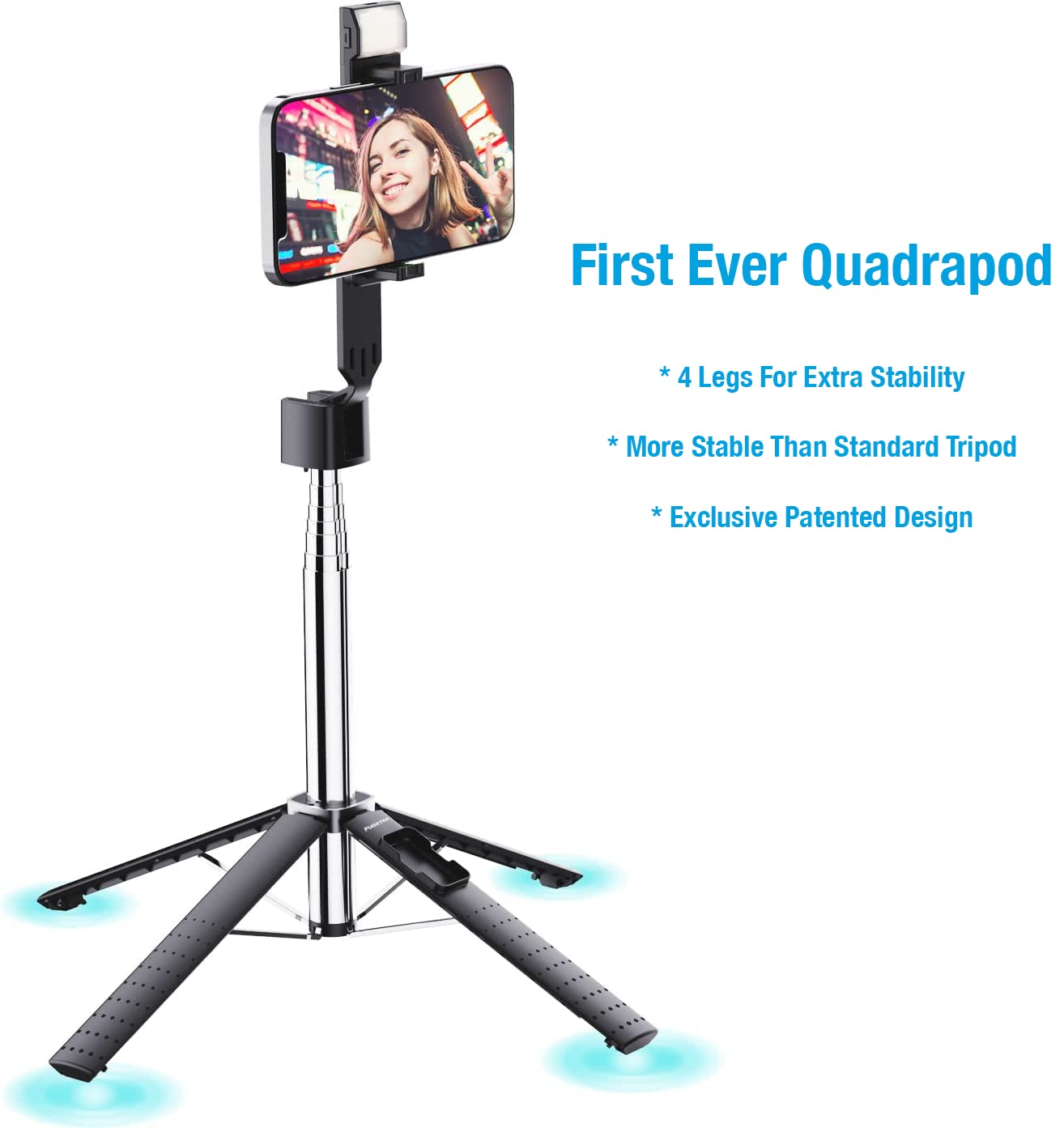 Fugetek 40'' Quadrapod Lighted Selfie Stick Stand, Lightweight 7oz, Wireless Bluetooth Remote, Patented Ultra Stable 4 Legs, 3 Onboard Light Modes, Compatible with iPhone & Android (Black)