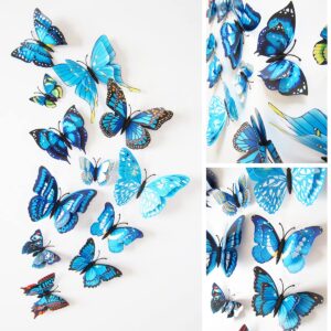 Tuxiaobu 24PCS Butterfly Wall Decal, Removable Refrigerator Magnets Mural Stickers, 3D Wall Stickers for Kids Home Room Art Decorations Wall, Double Wings - Blue