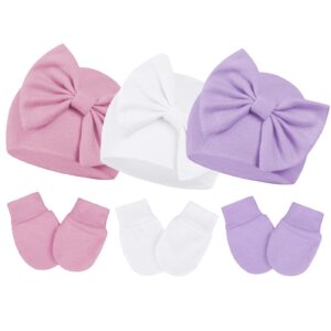 mittens and caps for newborn baby girls set hospital hat beanie infant hats with bow for 0-6 months deep pink & white & purple 0-3 months