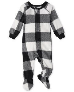 the children's place baby toddler one piece family matching, holiday pajama sets, fleece, black/white check, 5t