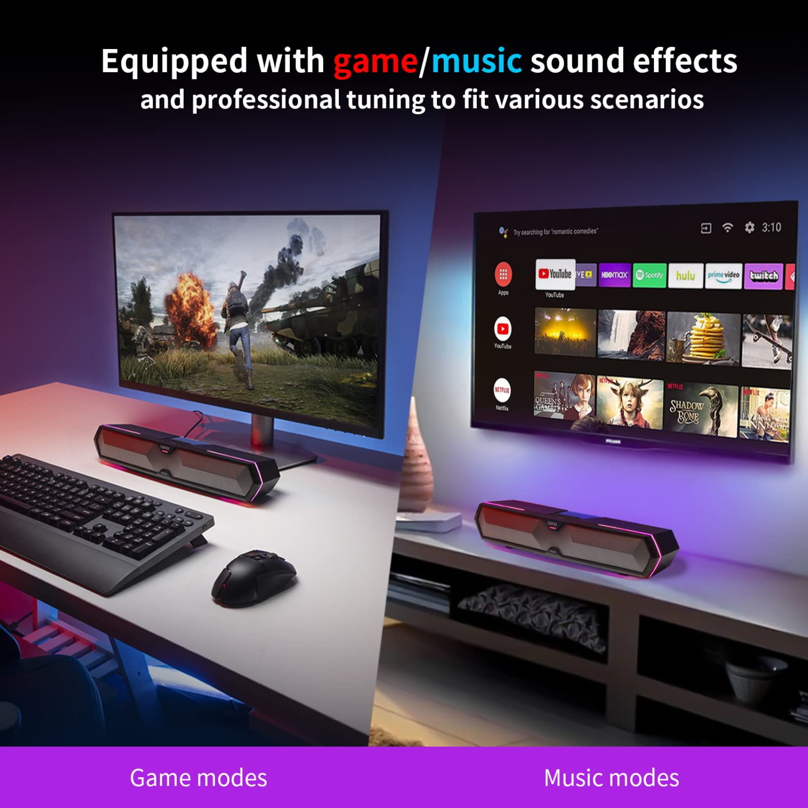 Edifier MG300 Computer Sound Bar: Loud Speakers with Deep Bass - Switch RGB Built-in Microphone for Gaming Speakers Wireless Bluetooth 5.3 & USB Adapter PC Sound Bar for Desktop