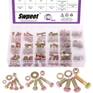 swpeet 240pcs 1/4-20 5/16-18 3/8-16 12 sizes grade 8 uss nut bolts assortment kit, heavy duty bolt nut and washer assortment coarse thread hex head cap screws bolt flat and lock washer