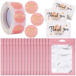 620pcs thank you cards and stickers set,include 500gold foil thank you for supporting my small business stickers 1inch,100 thank you business card,20 resealable packaging bag for retail store envelope