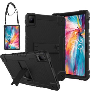 mignova for tcl tab pro 5g tablet case built in rotating kickstand/shoulder strap hand strap hybrid shockproof armor kids friendly case for nokia t20/t21/vastking kingpad m10 10.36 inch(black+black)